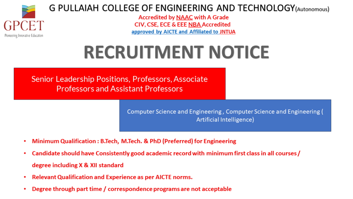 Careers / Vacancies – G PULLAIAH COLLEGE OF ENGINEERING & TECHNOLOGY